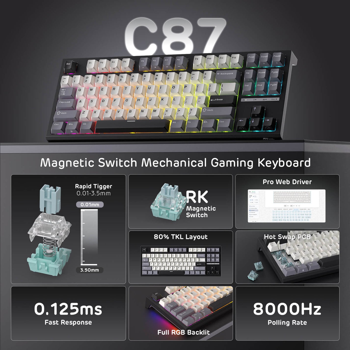 RK ROYAL KLUDGE C87 HE Hall Effect Gaming Keyboard | Rapid Trigger for ...