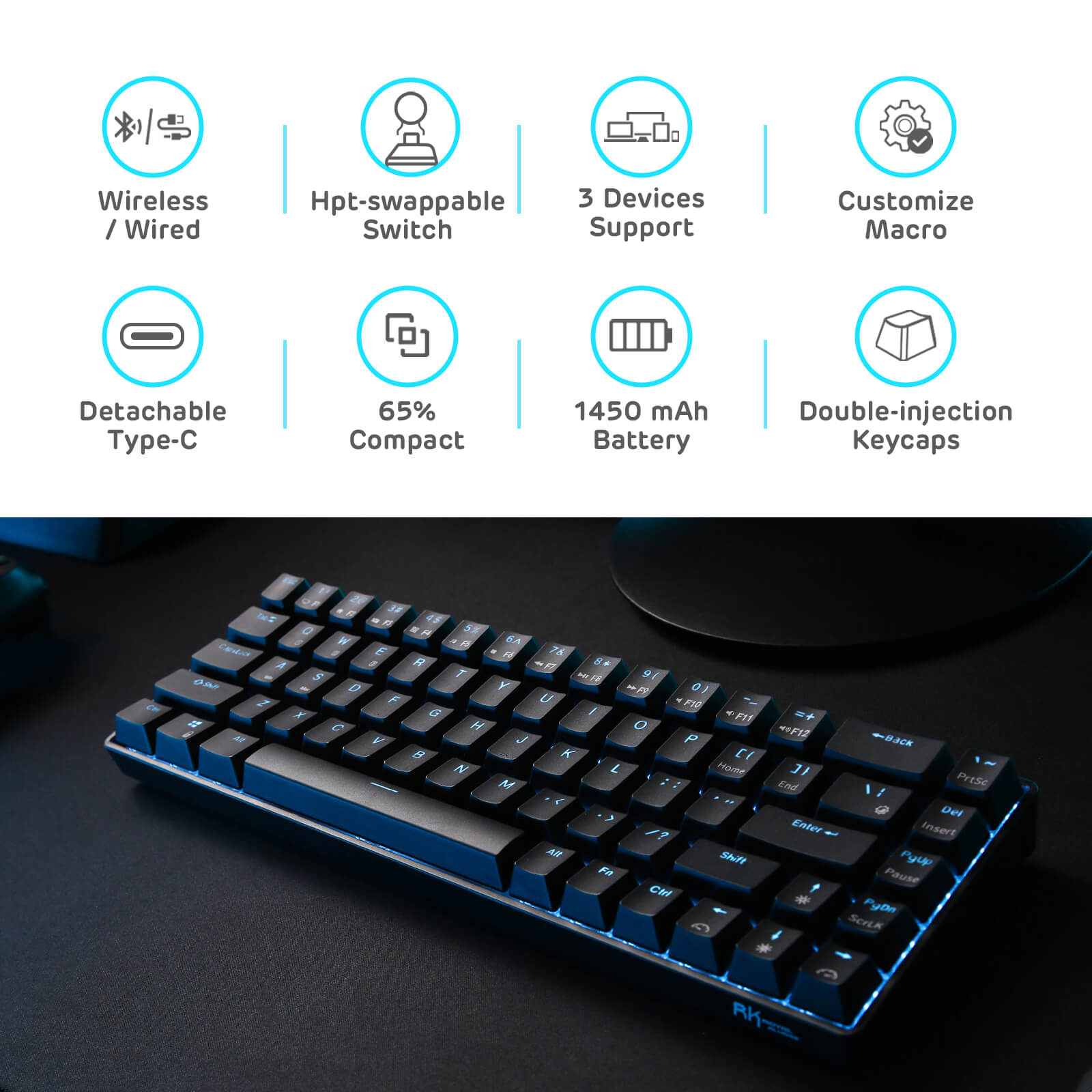 RK Royal Kludge RK68 65 Percent Wireless Hot-Swap Mechanical Keyboard ...