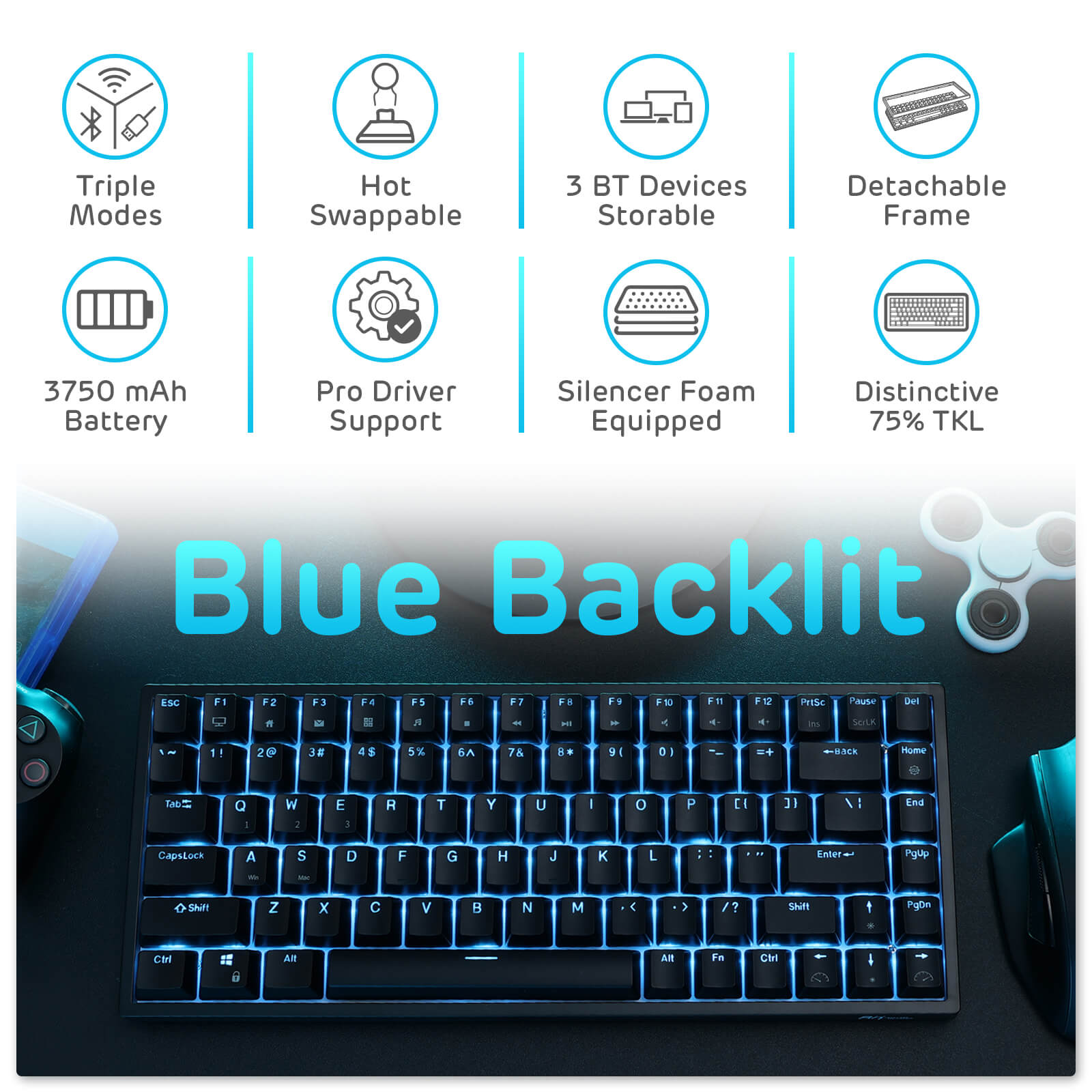 RK ROYAL KLUDGE RK84 75% Triple Mode Hot Swappable Mechanical Keyboard ...